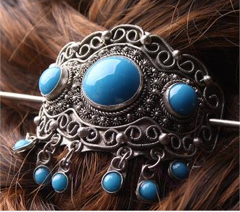 Tibet Silver Style Hair Pin With Blue Gemstones on Luulla